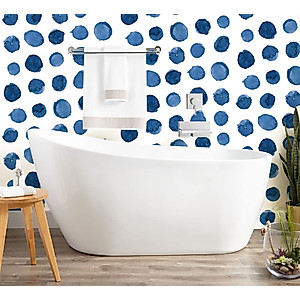 HAOKHOME Boho Peel and Stick Wallpaper Watercolor Brush Strokes Dots Removable Indigo Blue/White Vinyl Self Adhesive Contactpaper 17.7in x 9.8ft