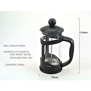 Classic Continental 350ml Black Cafetière – Premium Manual 3 Cup French Press Coffee Maker with Toughened Shockproof Glass Pot and Plunger Filter for Ground Beans Espresso Tea