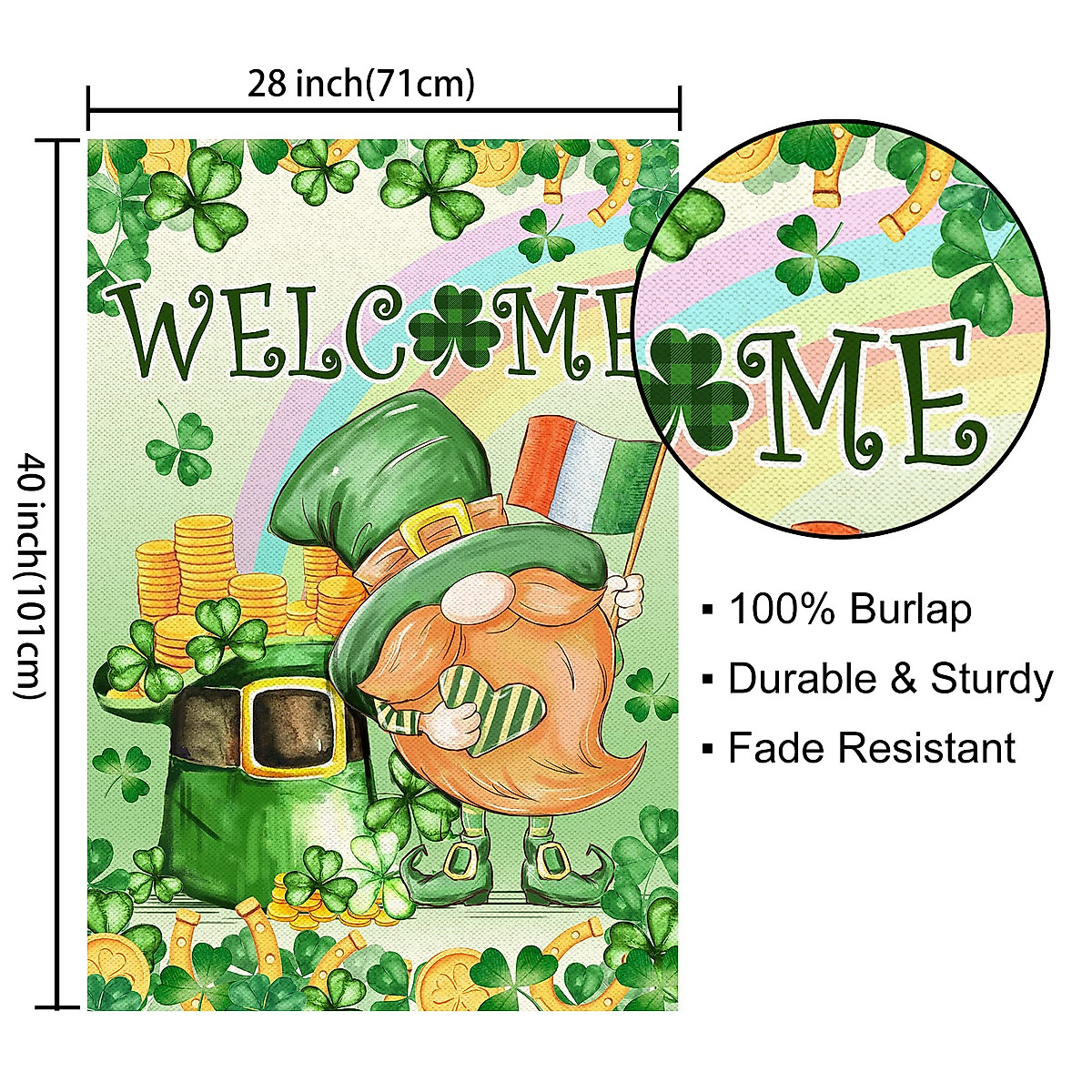 St Patricks Day Flag, St. Patrick's Day Flags 28 x 40 Double Sided, Saint Patricks Day Burlap House Flag with Leprechaun Gnomes Shamrock Clover Green Hat Welcome Signs for Outdoor Lawn Garden Decor