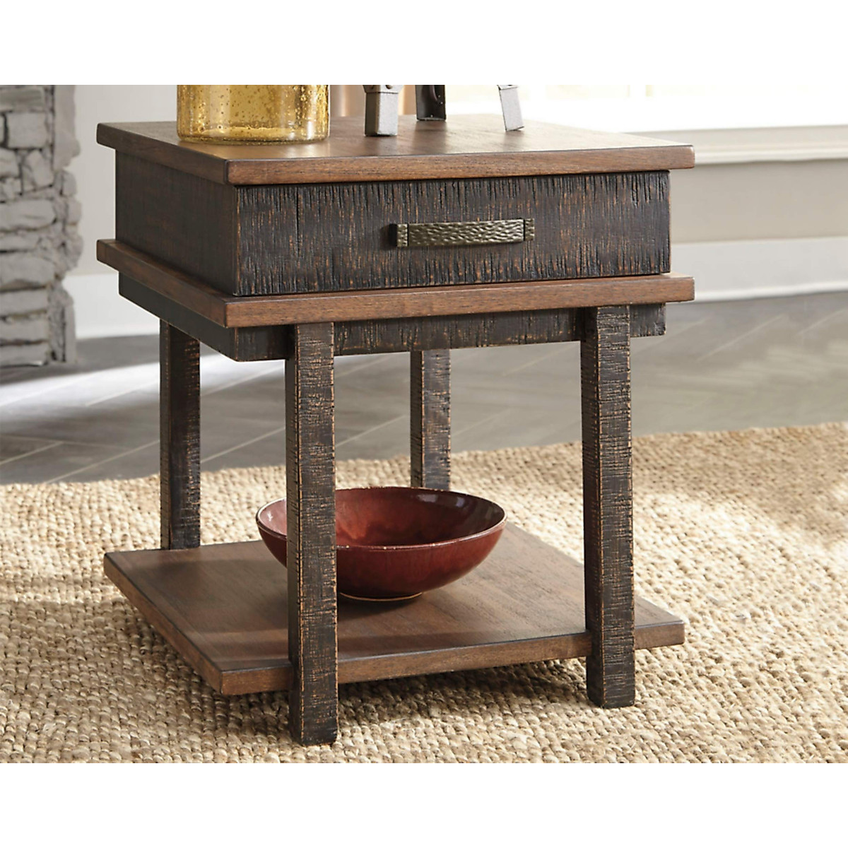 Signature Design by Ashley Stanah Rustic Rectangular End Table with 1 Drawer and Floor Shelf for Storage, Brown with Distressed Finish