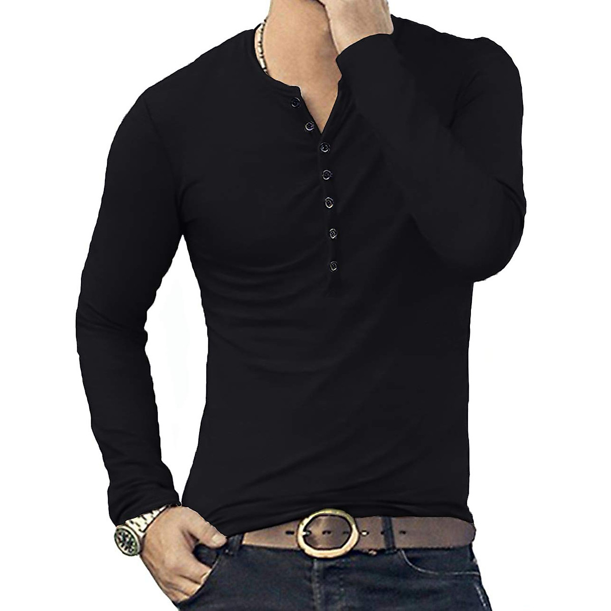 YTD Mens Casual Slim Fit Basic Henley Long Sleeve Fashion T-Shirt XXL Black