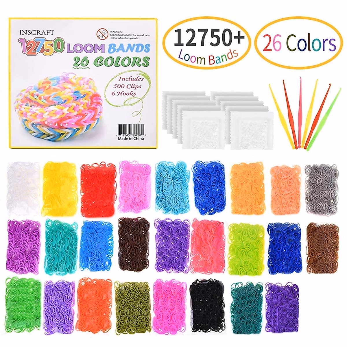 Inscraft Rubber Bands Refill Kit , 12750+ Premium Loom Bands in 26 Colors with 500 Clips ,6 Hooks for Kids Bracelet Weaving Kit DIY Crafting