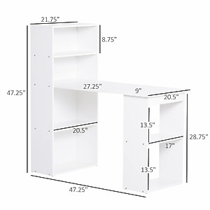 HOMCOM Modern Home Office Desk with 6-Tier Storage Shelves, 47" Writing Table with Bookshelf, White