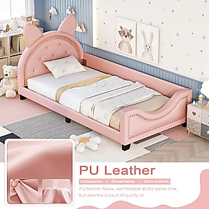 Cute Twin Size Upholstered Daybed, PU Leather Platform Bed with Carton Ears Shaped Headboard, Wooden Slat Supports Bed Frame for Kids, Girls, Boys, Child's Room, No Box Spring Needed (Pink)