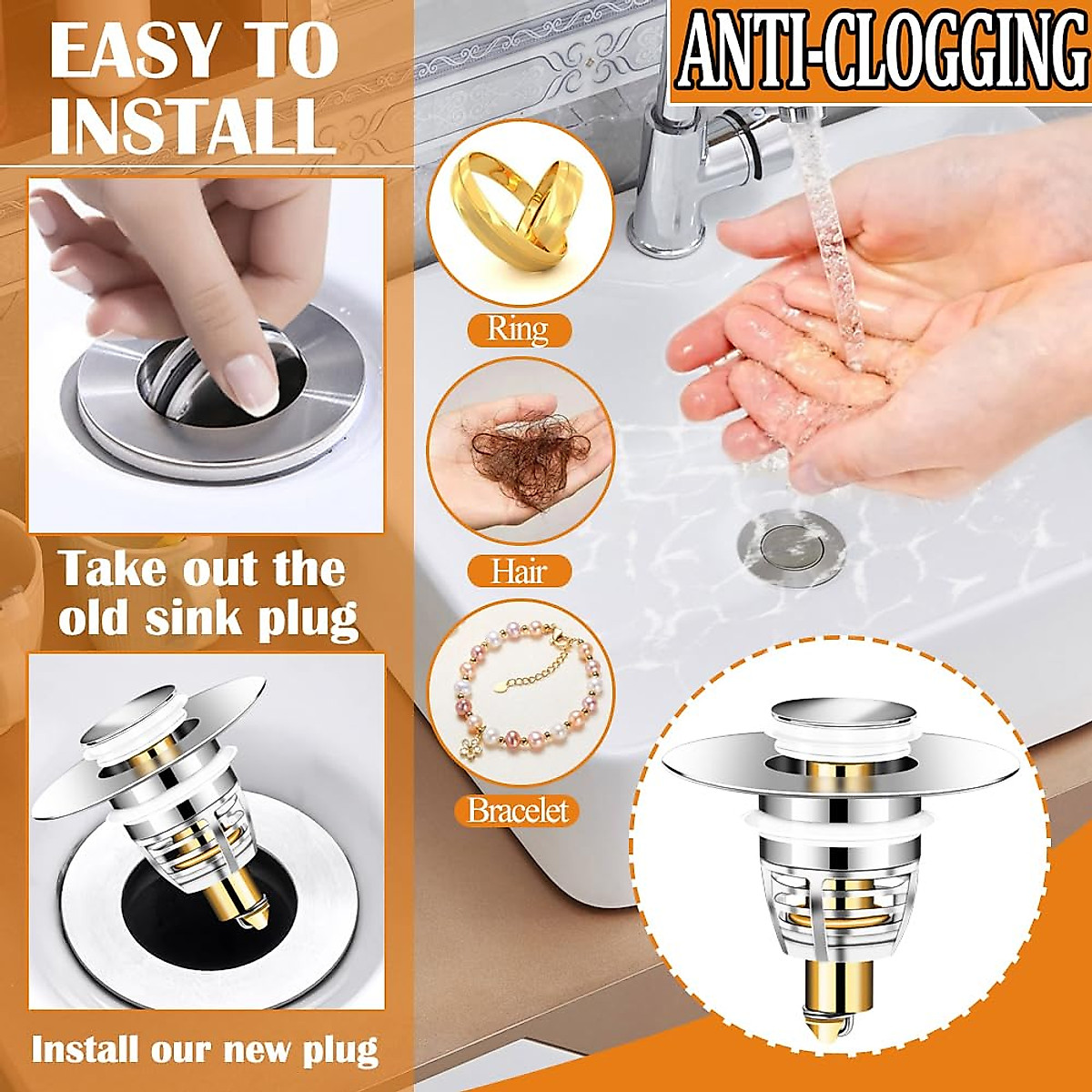 Bathroom Sink Stopper,Hair Drain Catcher,Basin Pop Up Metal Universal Bathroom Strainer Converter,Wash Basin Bounce Drain Stopper Filter,for 1.06"~1.61",Sink Drain Cover,Drain Plug,Sink Plug(1 PCS)