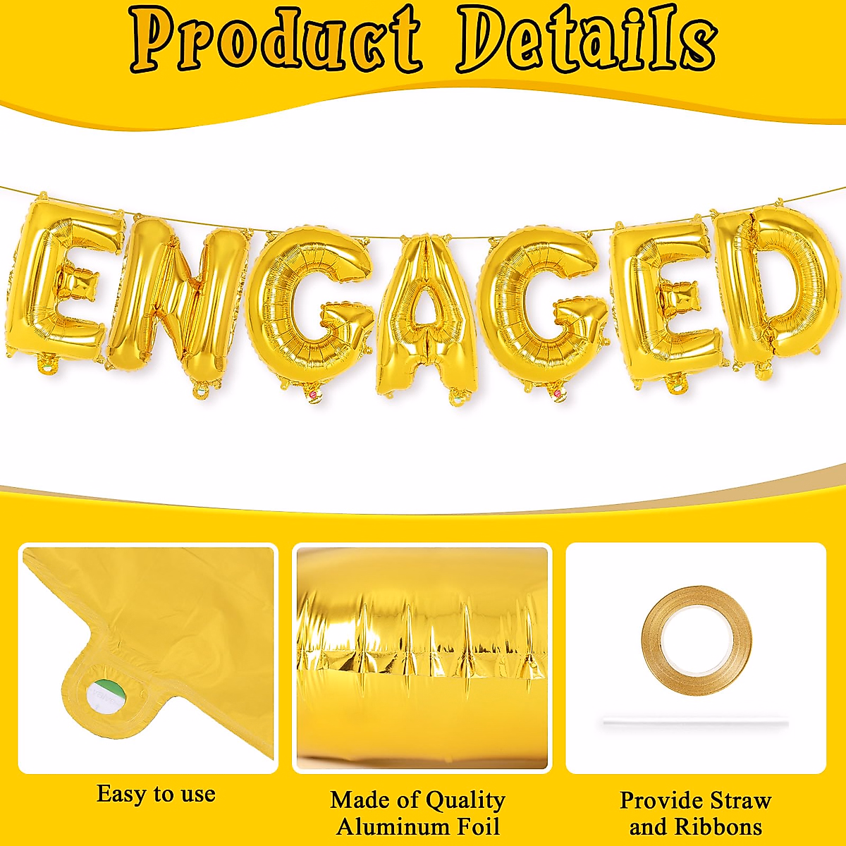 Gold Engaged Balloons Letters,16 inch Foil Engagement Balloons for Engaged Decorations, Engagement Party Decorations Engaged Banner for Wedding Bridal Shower Bachelorette Party Decorations