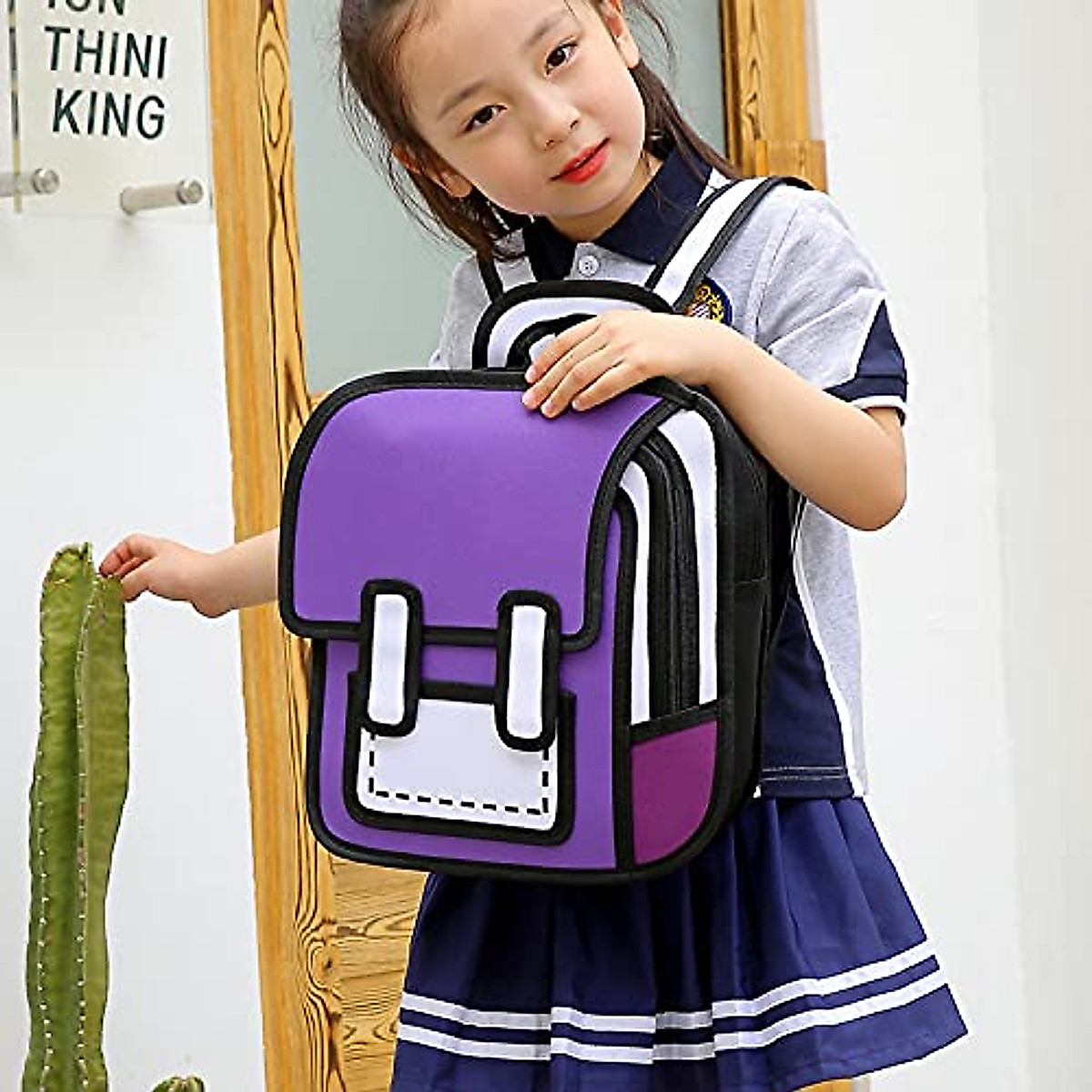 Kawaii Backpack Sketch Cute Cartoon 3D Jump Style 2D Drawing from Comic Paper Anime Bookbag School Supplies Fun Daypack (Purple)