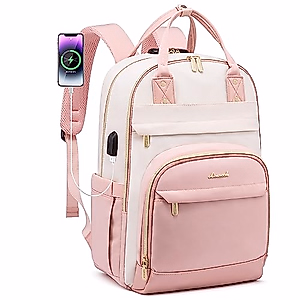 LOVEVOOK Laptop Backpack Women, Fits 15.6 Inch Laptop Bag, Fashion Travel Work Anti-theft Bag with Lock, Business Computer Waterproof Backpack Purse, University Backpacks, Beige-Pink-Pink