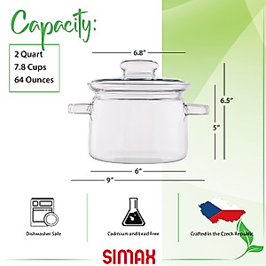 Simax Glass Cookware, 64 Oz (2 Quart) Clear Glass Pot, Glass Saucepan, Potpourri Simmer Pot With Lid, Easy Grip Handles, Made from Oven, Microwave, Stove and Dishwasher Safe Borosilicate Glass