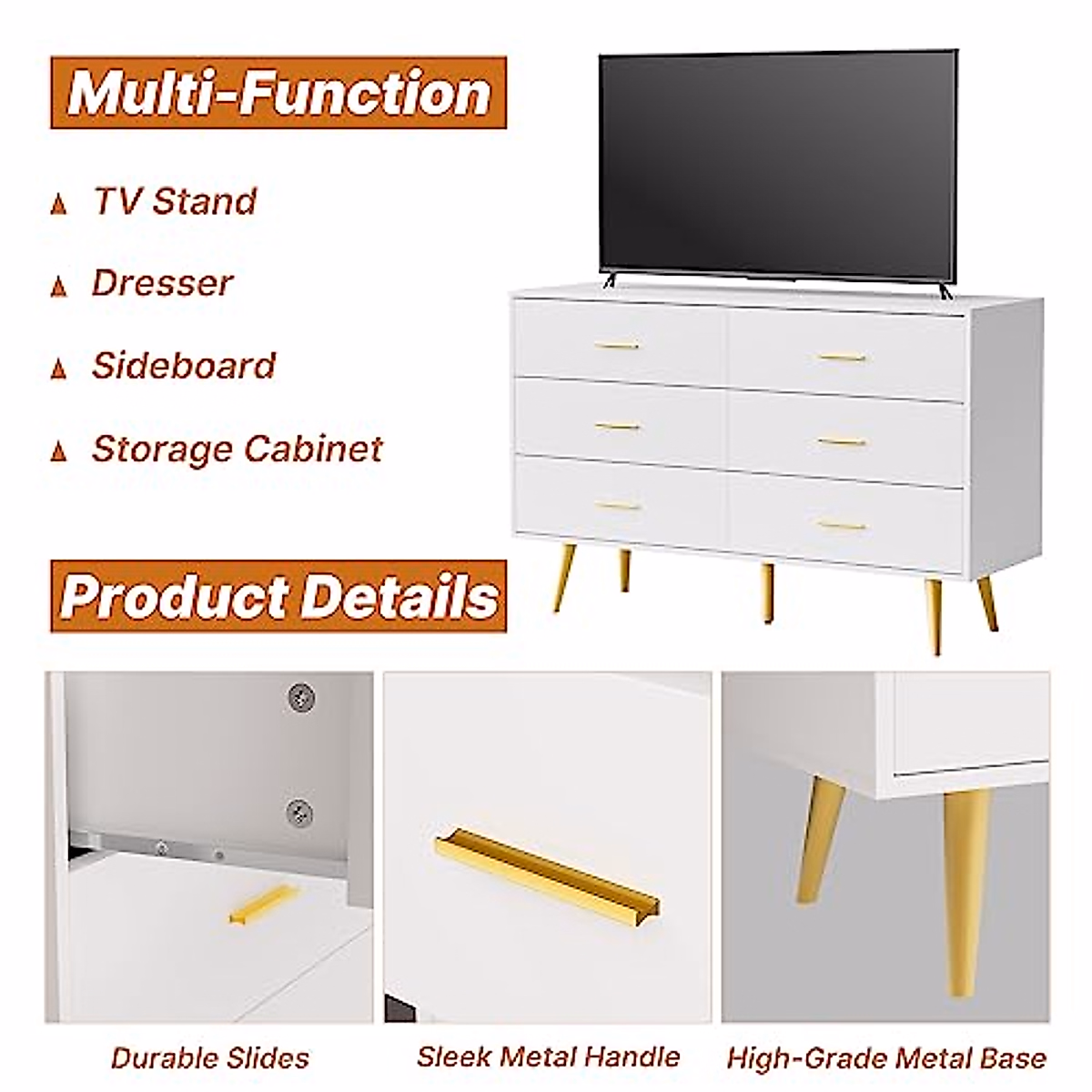 LYNSOM White Dresser for Bedroom, Modern 6 Drawer Dresser with Gold Handles, Wood Chest of Drawers for Kids Bedroom, Living Room