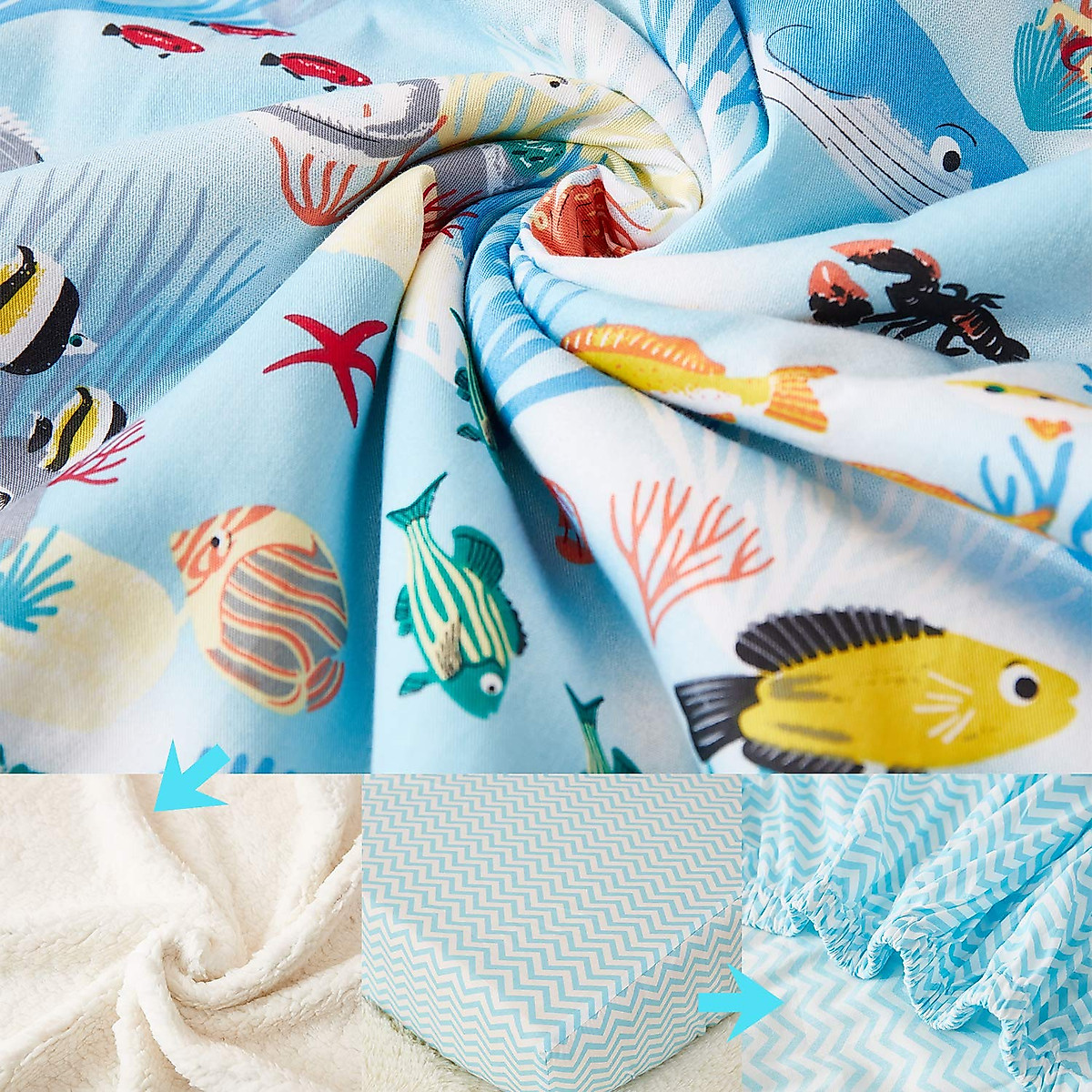 Brandream Ocean Crib Bedding Set for Boys or Girls - Nautical 3 Piece Oceania Undersea Adventures Whale Shark Cartoon Nursery Set | Baby Crib Blanket, Sheet, Skirt Included, Blue