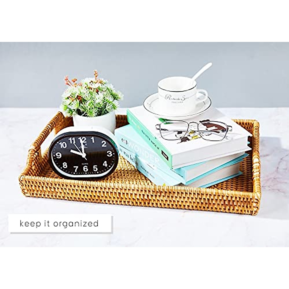 Large Rattan Tray with Rattan Coasters - Premium Flat Rectangular Serving Tray with Handles, Wicker Basket Tray 17''x11.4''x2'' Hand Woven Decorative Bed Tray for Coffee Table, Boho Tray by LYSCO