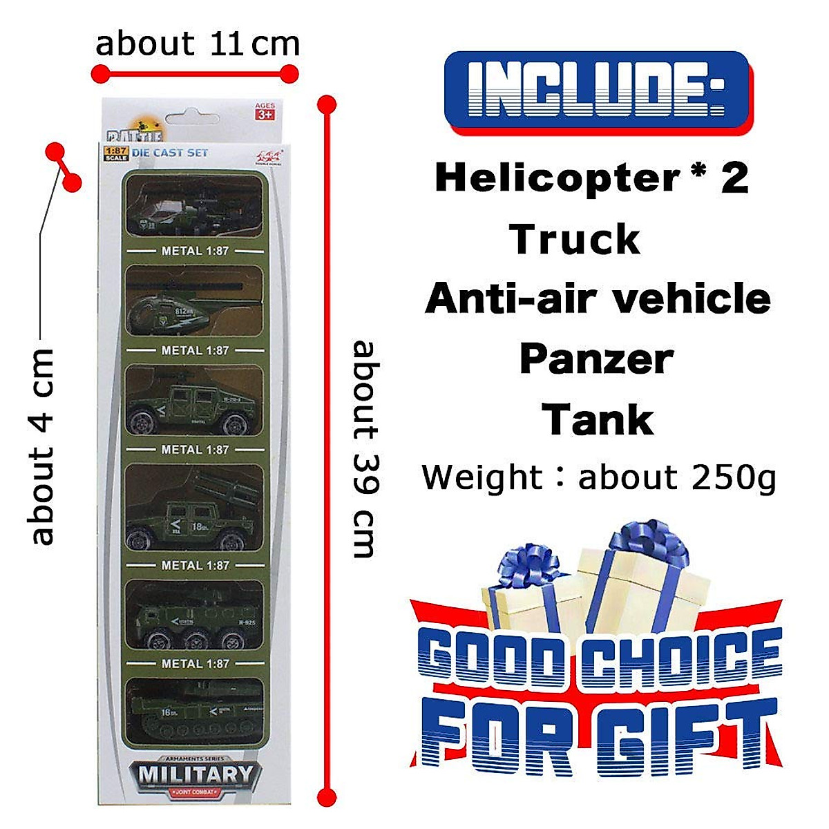 JQGT Diecast Military Vehicles Army Toy 6 in 1 Assorted Metal Model Cars Fighter Tank Attack Helicopter Panzer Playset for Kids Toddlers