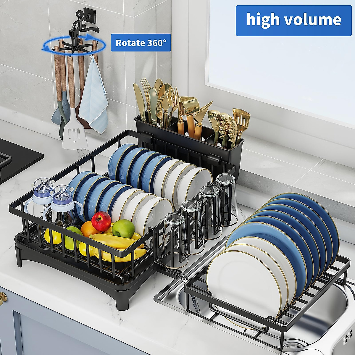 KEKAPE Dish Drying Rack, Space-Saving & Durable, Rust-Proof 2 Tier Stainless Steel Dish Rack for Kitchen Counter with Detachable Drainboard, Utensil Holder, and Cup Holder Set,Large Size, Black