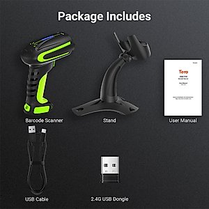 Tera Barcode Scanner Wireless 2D QR with Stand: Pro Version Battery Level Indicator 2500mAh Industrial Grade Bar Code Reader Works with Bluetooth 2.4G for Windows Mac Android iOS 8100 Pro Green