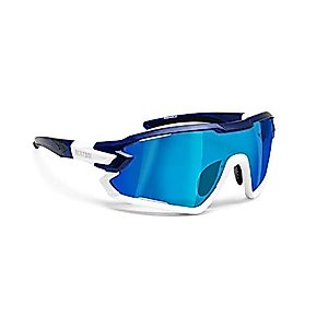 Bertoni Sport Sunglasses Cycling MTB Running Ski Golf Sport Sunglasses Cycling MTB Running Ski Golf Removable Sport Prescription Carrier Included mod. QUASAR (Blue-White/Blue Mirror)