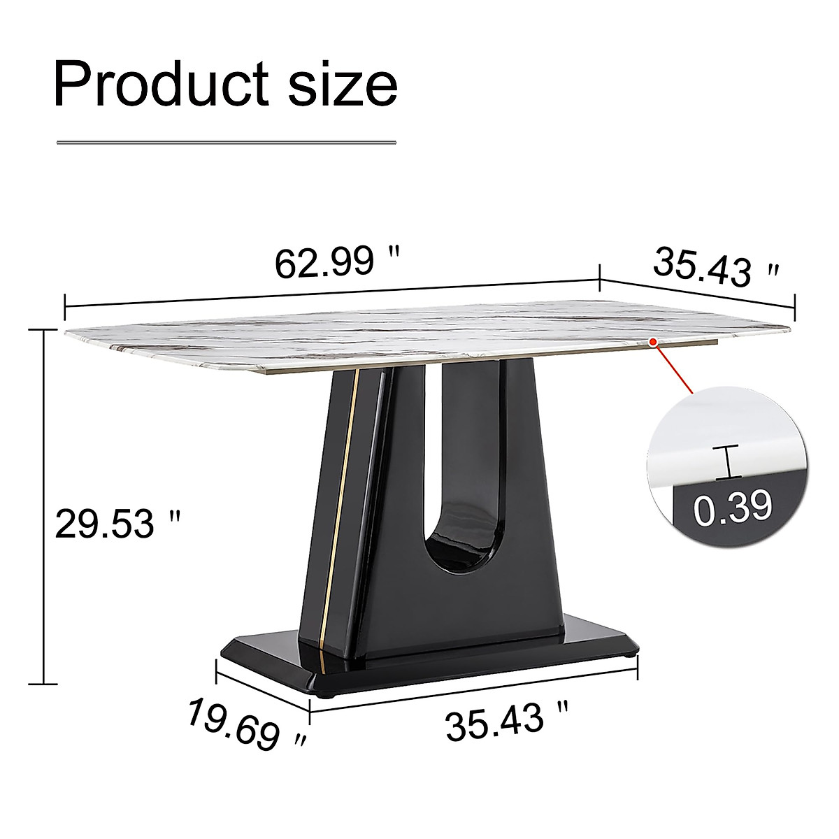 Mcltopz 63" Dining Table for 4-6 People, Modern Rectangular Dining Table with White Faux Marble Veneer Top & High Glossy Black Pedestal Base, Large Dinner Table Kitchen Table for Dining Room, Kitchen