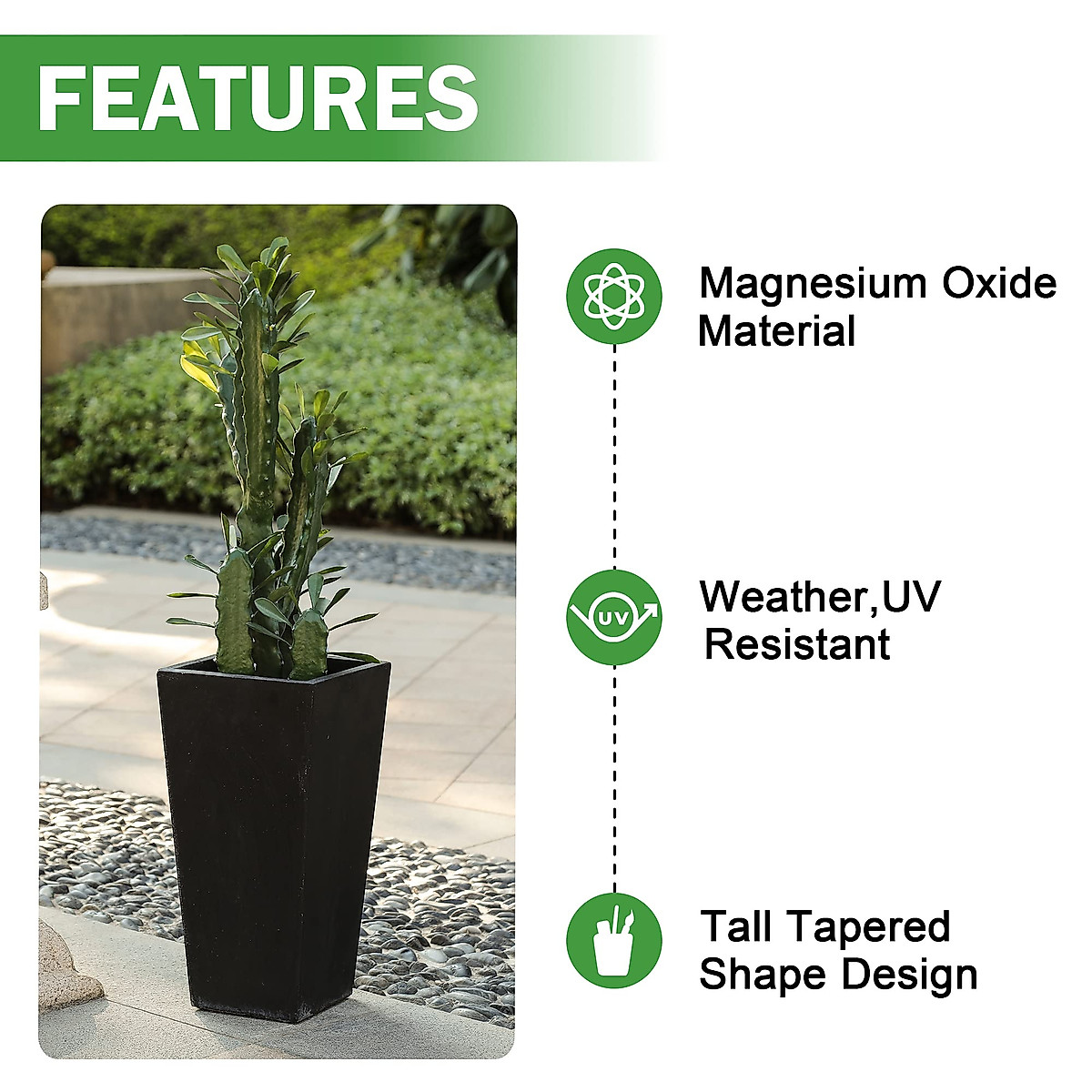 LuxenHome Tall Planters for Indoor Plants, Tapered Black Planters for Outdoor Plants, 18.5" Plant Pots Outdoor/Indoor, Large Flower Planter Pot, Rectangular Planter Garden Pots, Macetas para Plantas