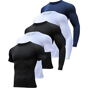 HOPLYNN 5 Pack Workout Compression Shirts Men Long/Short Sleeve Rash Guard Athletic Undershirt Gear T Shirt for Sports 2 Black 2 White 1 Blue M
