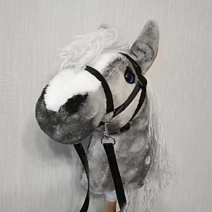 Gray stick hobby horse A4 Realistic plush handmade toy horse with bridle