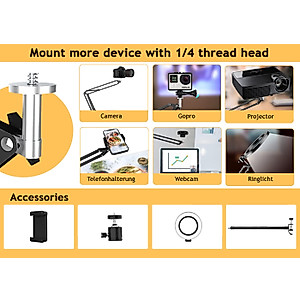 Overhead DSLR Camera Mount with Ring Light, Heavy Duty Desk Camera Stand for Canon Nikon Sony Fuji SLR Mirrorless Cam, Articulating Arm Tripod for Live Streming Video Recording Photography