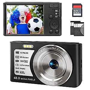 Kids Digital Camera, FHD 1080P Compact Camera 48MP Autofocus 16X Digital Zoom Portable Camera for Boys, Girls,Children,Teenagers,Beginners (with 32GB SD Card and 2 Battery)