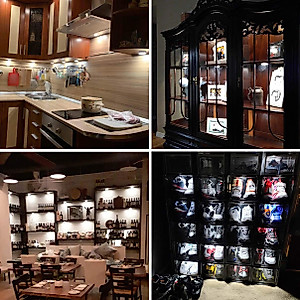 Lvyinyin LED Closet Lighting, Round Under Cabinet Puck Lights, Daisy Chained, 110 Volt Plug-in, RF Dimmable Remote Control, Y Splitter, Extension Cables, Black Wires, Warm White 2700K, 6 Lights