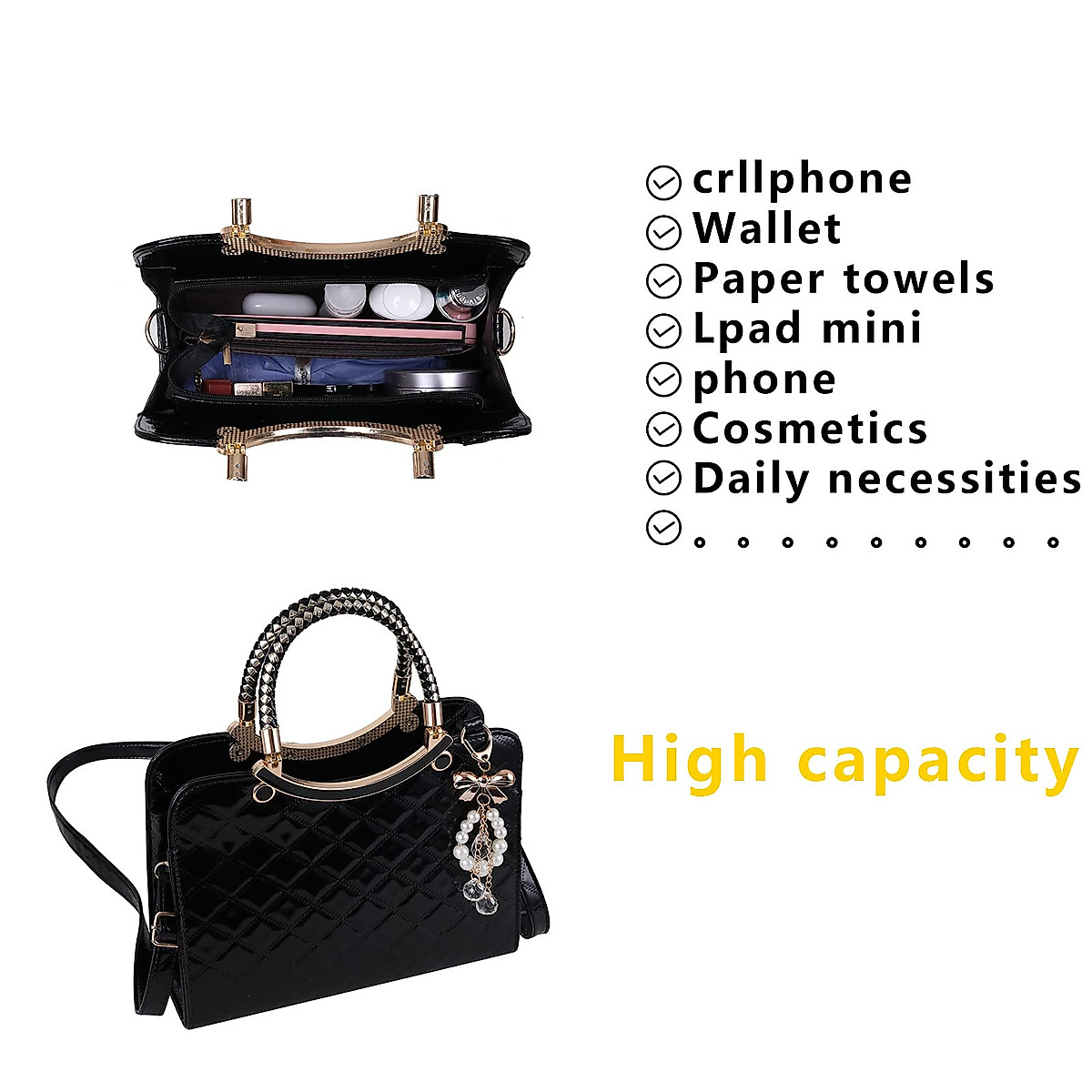 Qiayime Purses and Handbags for Women Shiny Patent Fashion Ladies Designer PU Leather Top Handle Satchel Shoulder Tote Crossbody Bags (Black)