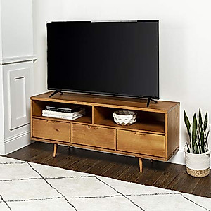 Walker Edison 3-Drawer Mid Century Modern Wood TV Stand for TV's up to 65" Flat Screen Cabinet Door Living Room Storage Entertainment Center, 58 Inch, Caramel