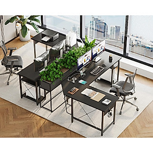 Coleshome L Shaped Computer Desk 66" with Power Outlet & Storage Shelves, Corner Sturdy Writing Desk Workstation, Modern Wooden Office Gaming Desk, Wood & Metal, Black