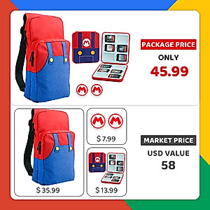 GLDRAM Theme for Mario Switch Travel Bag, Cute Carrying Bag for Nintendo Switch/OLED/Lite, Breathable Switch Crossbody Shoulder Backpack Accessories Bundle with 12 Slots Game Case Holder & Thumb Caps