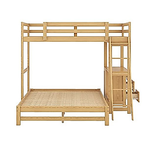 POCIYIHOME Twin Over Full Bunk Bed with Built-in Desk and Three Drawers, Wood Bunk Bed with Full-Length Guardrail & Solid Slat Support for Kids,Teens Bedroom, No Box Spring Needed, Natural