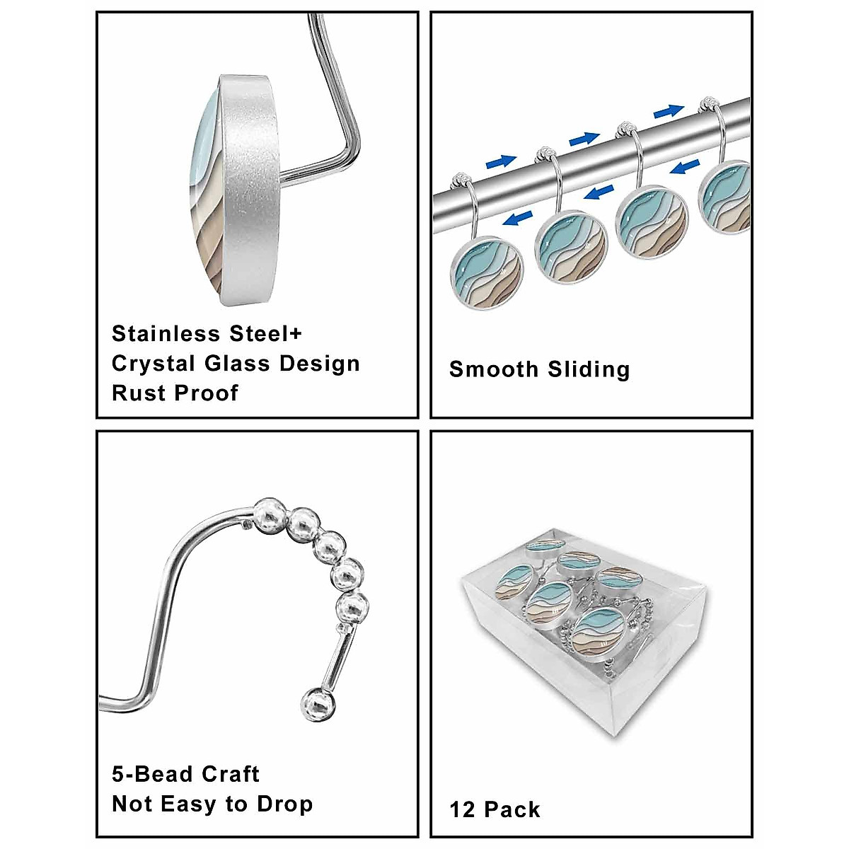 Turquoise Brown Cream Shower Curtain Hooks, Beach Geometric Gradient Striped Teal Decorative Shower Curtain Hooks for Bathroom Abstract Modern Stainless Steel Rustproof Shower Curtain Rings Set of 12