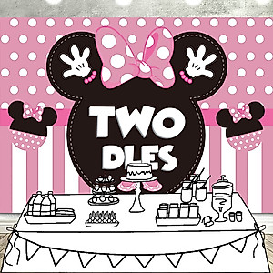 HEETON Pink Mouse Twodles Birthday Party Supplies Decorations Pink Girl Second Fabric Banner Backdrop for Baby Two Years Old 2nd Birthday Photo Props Background -7 x 5ft
