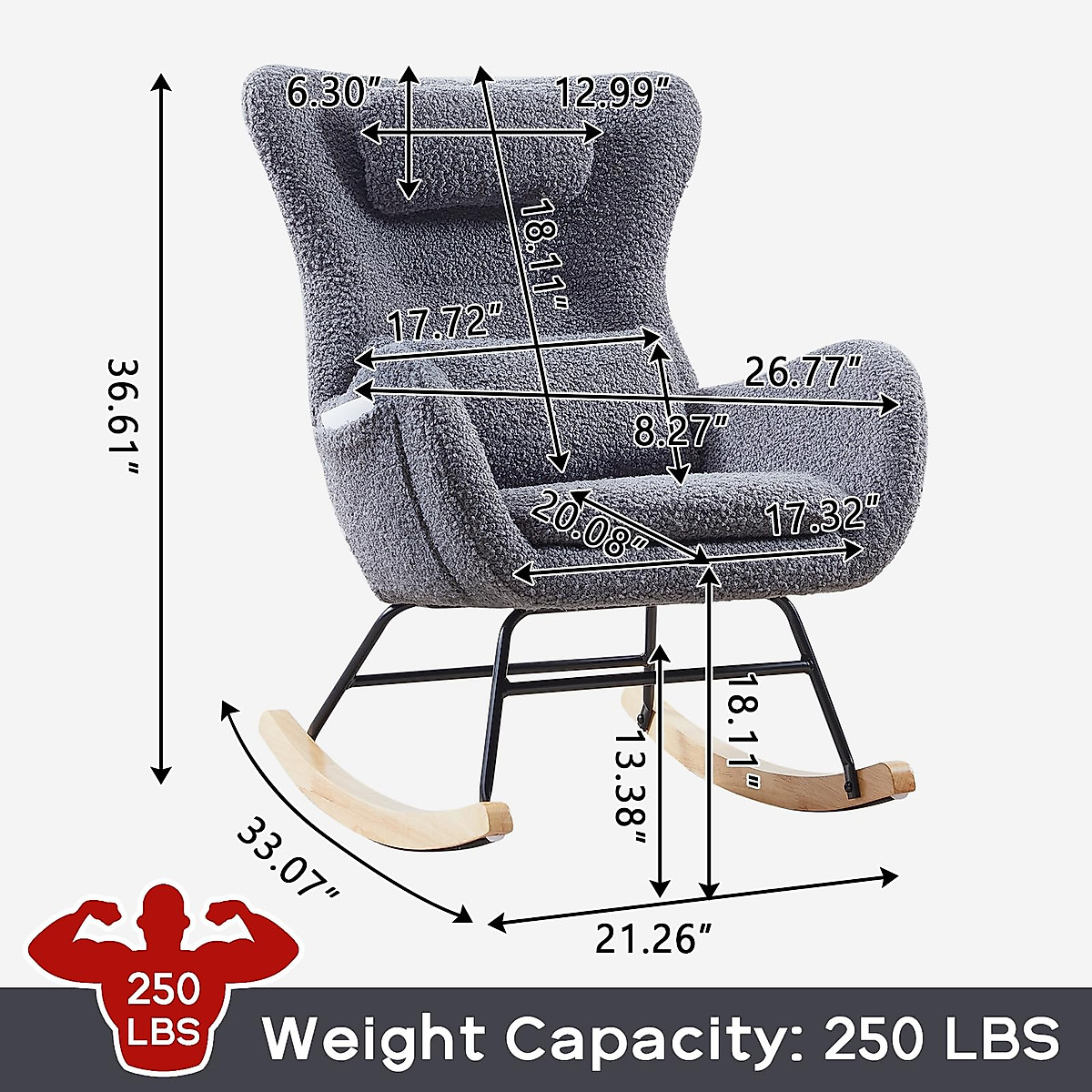 NIOIIKIT Nursery Rocking Chair, Teddy Upholstered Glider Rocker with Headrest and Lumbar Pillow, High Backrest Rocking Accent Chair with Side Pocket, Comfy Armchair for Living Room (Grey)