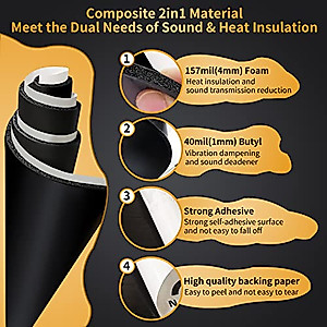 Nogevo 197mil(5mm) 18sqft 2in1 Butyl & Foam Composite Sound Deadener for Car - Enhanced Auto Vibration Dampening & Sound Deadening Mat- Automotive Heat Shield Pad for Garage Door Trunk Hood Engine