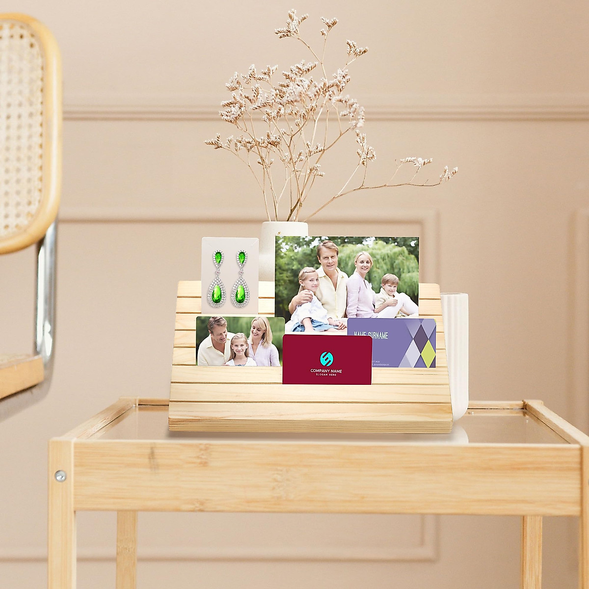 Elsjoy Wood Earring Display Stand with 200 pcs Cards, Tabletop Wooden Earring Display Holder for Selling, Portable Earring Organizer Stand Jewelry Showcase Rack for Retail