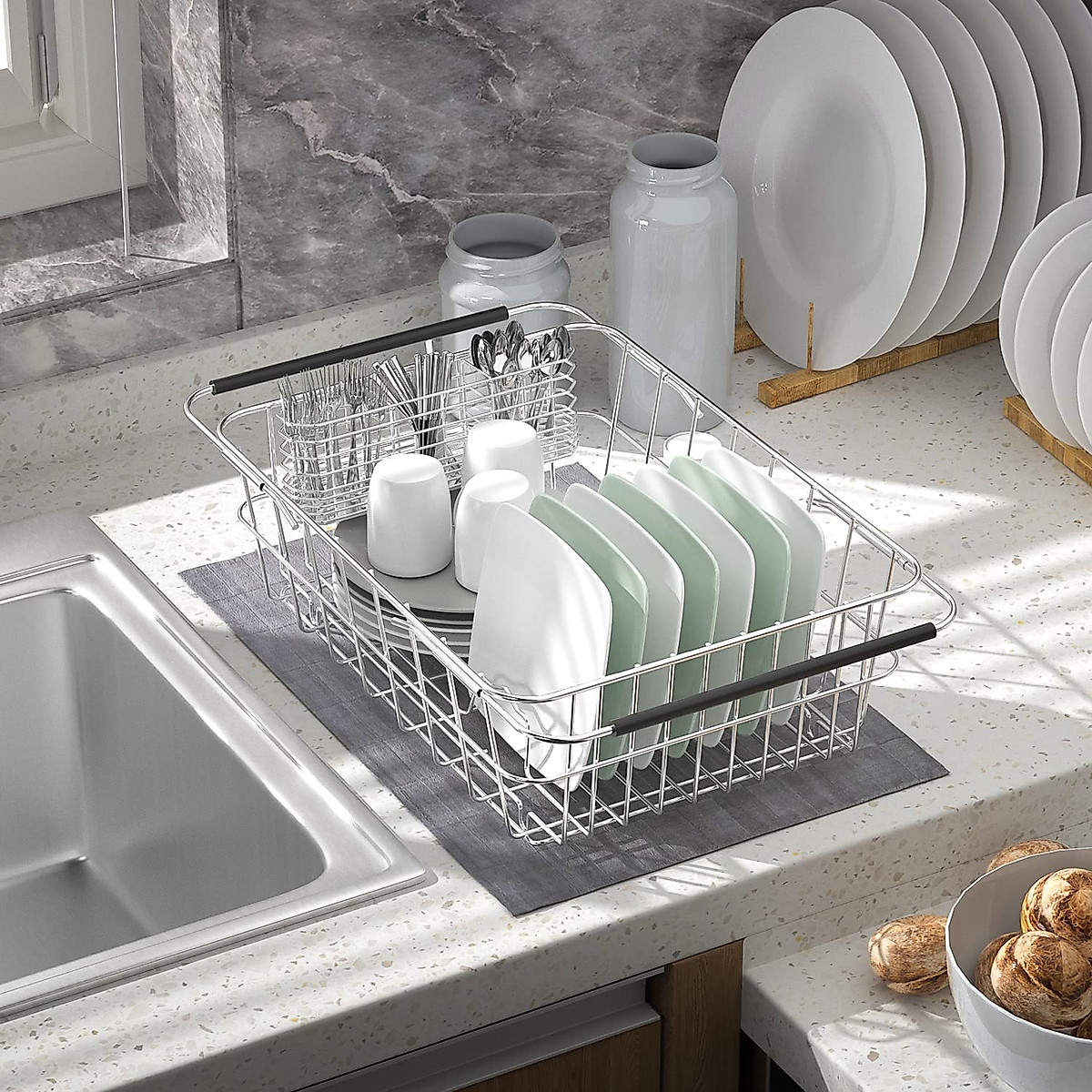 JAQ Dish Drainer in Sink Adjustable 14.96" to 20.59", Expandable 304 Stainless Steel Metal Dish Drying Rack Organizer with Stainless Steel Utensil Holder Over Inside Sink Counter