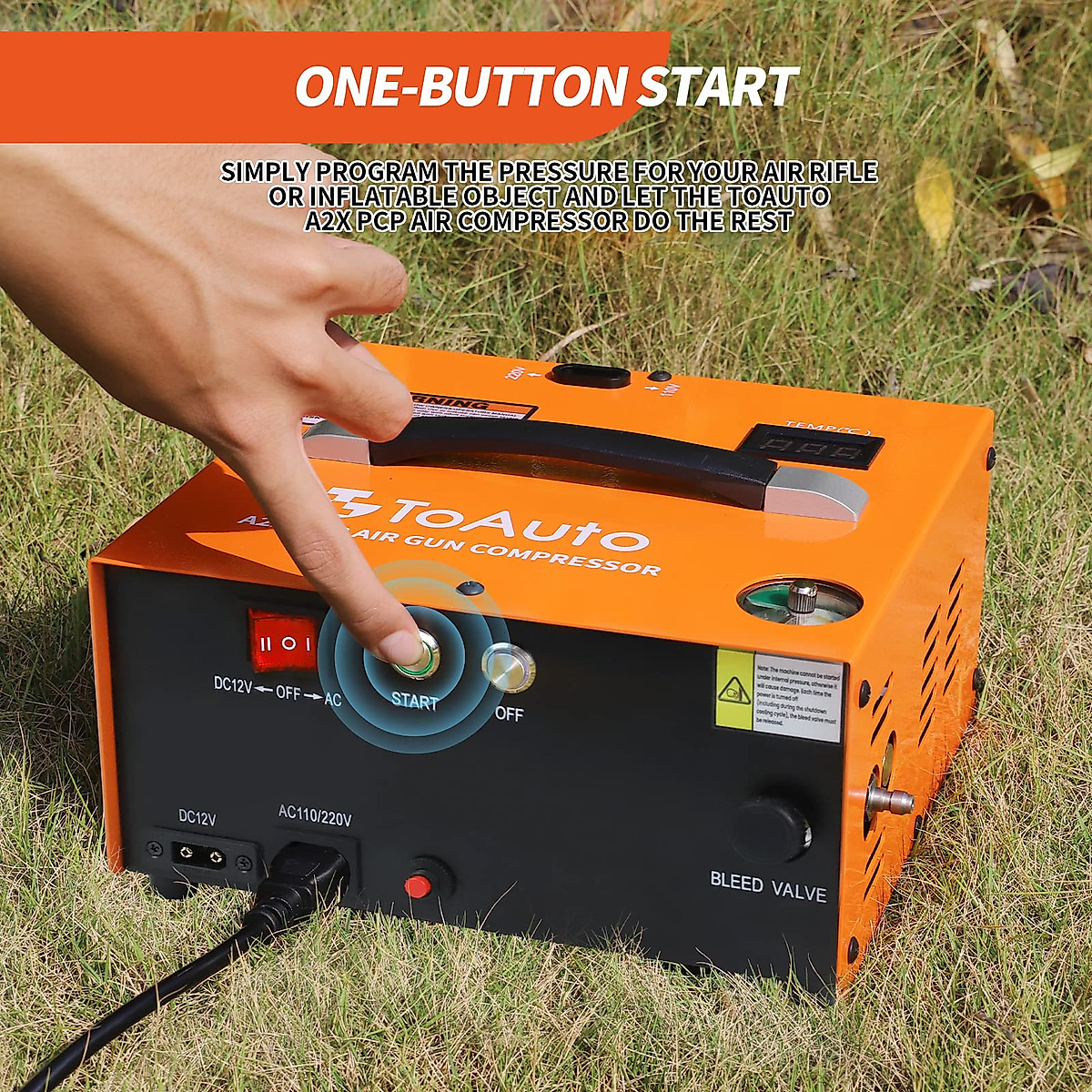 TOAUTO A2X Upgraded PCP Air Compressor, One Button Start, Auto-Stop, Portable 4500Psi/30Mpa, Oil/Water-Free, HPA Compressor for Paintball/PCP Air Rifle/Scuba Tank,Powered by Home 110VAC or Car 12VDC