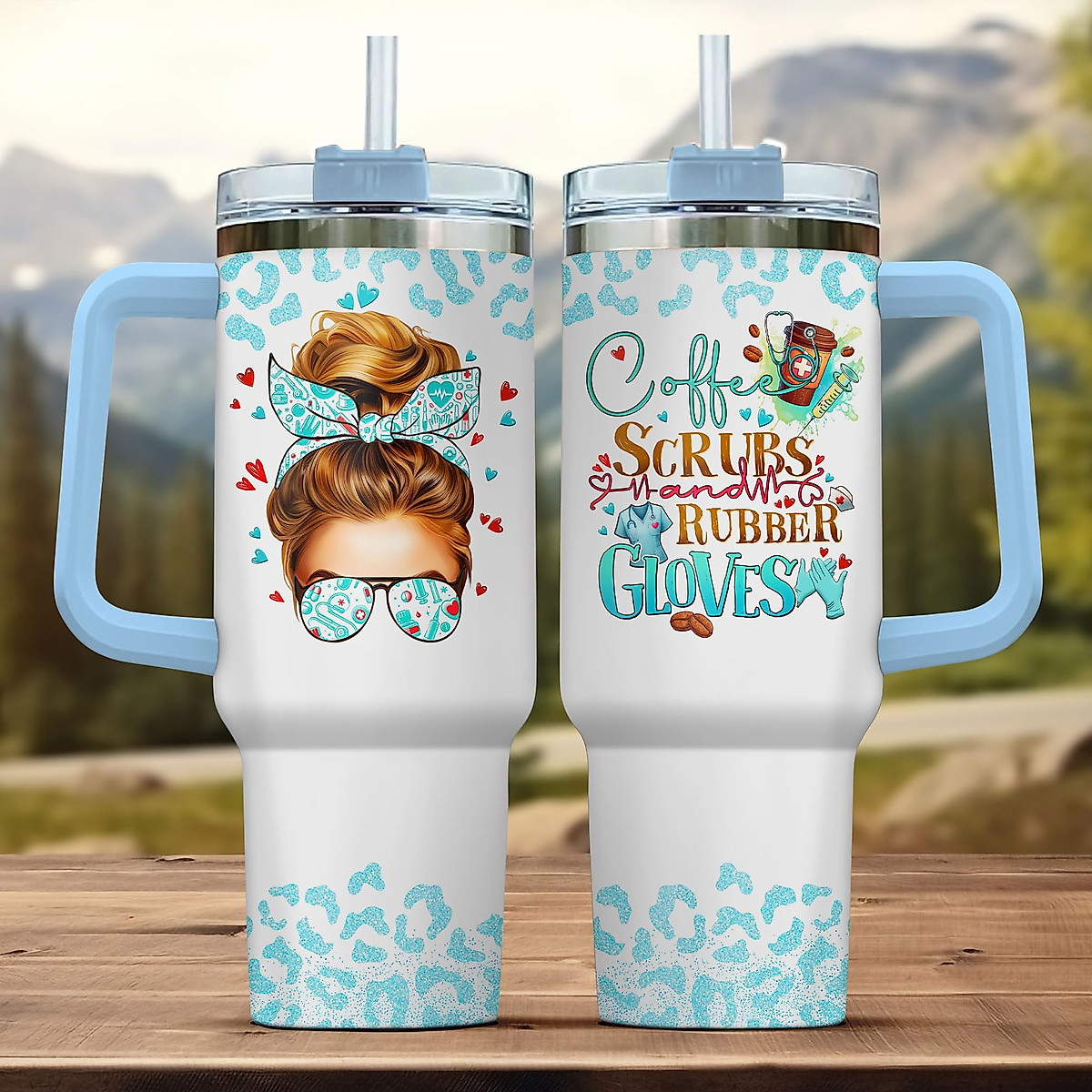 99OWL Nurse Coffee Messy Bun, Tumbler 40 Oz With Handle Lid And Straw, Tumblers Nurses Women Cups Student For Funny White Navy Blue Leopard Travel Nursing Er School, Nurse Gifts