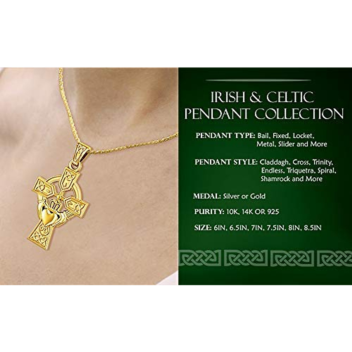 US Jewels Small 925 Sterling Silver Simulated Emerald May Birthstone Celtic Knot Cross Pendant, 23mm