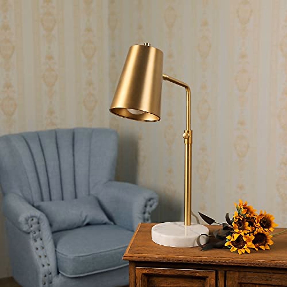 VONLUCE Gold Desk Lamp with LED Bulb Adjustable, Antique Brass Metal Table Lamp Marble Base, Mid Century Modern Reading Lamp Office, 20" Industrial Task Lamp Work Lamp for Reading Bedroom