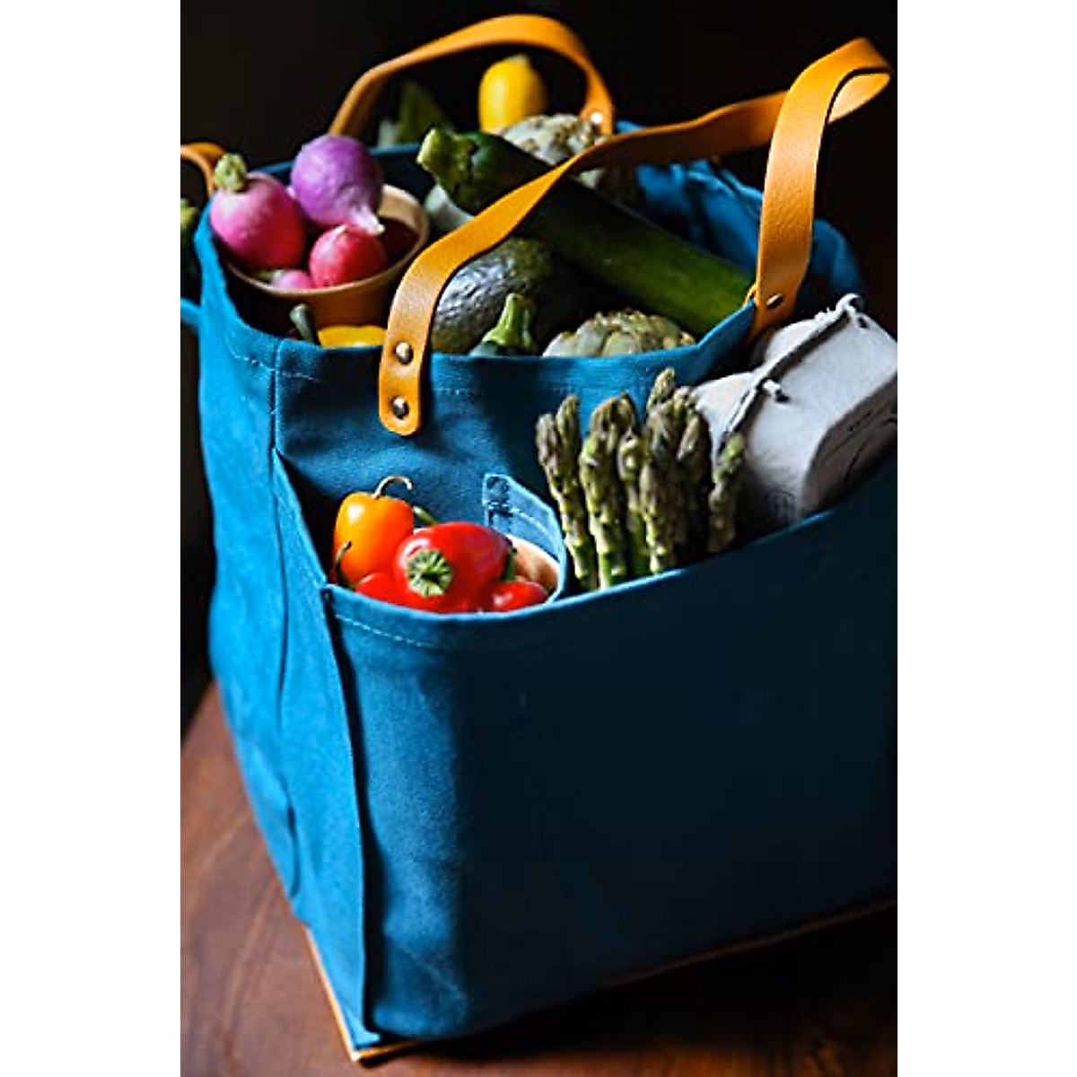 CapaBunga Farmer's Market Tote Shopping Bags with Handles - 7 Pocket Large Utility Tote Bag - Heavy Duty Canvas Utility Bag with Vegan Leather Base - Reusable Tote Bag - Brown Grocery Bag