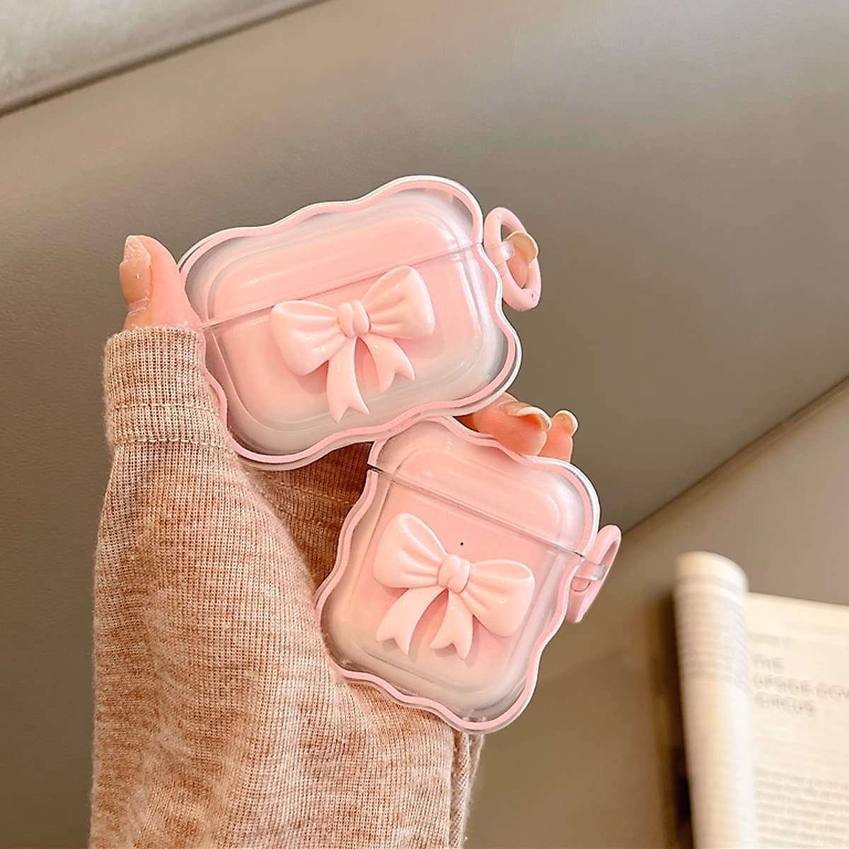 Cute AirPod Case with Keychain Pink Bow Clear Gradient Design Wavy Border Protective Soft Cover Compatiable with AirPods 1st & 2nd Generation for Women and Girls