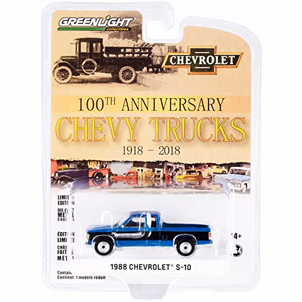 1988 Chevy S-10 4x4 Extended Cab Pickup Blue Met. & Black 100th Anniversary of Chevy Trucks (1918-2018) 1/64 Diecast Model Car by Greenlight 28080 B
