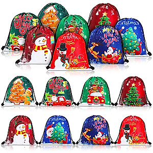 Mixweer 24 Pcs Christmas Drawstring Gift Bags Bulk Xmas Kid Snowman Goodies Snack Treat Presents Wrapping Reusable Children Birthday Party Sport Supplies 12 x 10 Inch (Vivid Style)