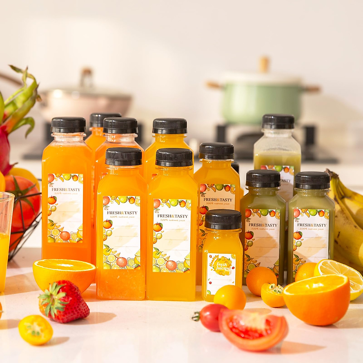 TOMNK 45pcs Juice Bottles, 12oz Reusable Juice Bottles with Caps and Labels, Funnel, Brush Beverage Containers for Juicing, Smoothies, Tea, Milk