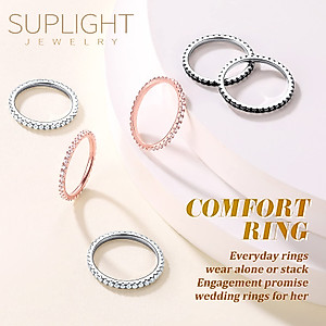 Suplight 925 Sterling Silver Rings 2MM Black Cubic Zirconia Eternity Rings 2MM Wedding Band for Women Size 9