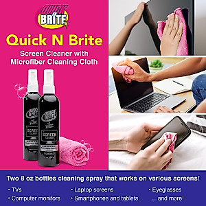 Quick N Brite Screen Cleaner with Microfiber Cleaning Cloth, 2 pc Cleaning Spray for TV, Computers, Laptops, Smartphones and More, 8 oz