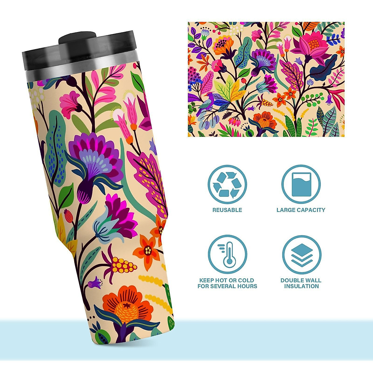 Yasala Car Tumbler with Handle Rainbow Flower Cartoon Flora Travel Mug Coffee Cup Insulated Beverage Container Mega Cup for Hot Cold Drinking Thermos Water Bottle Cupholder Friendly 40 oz
